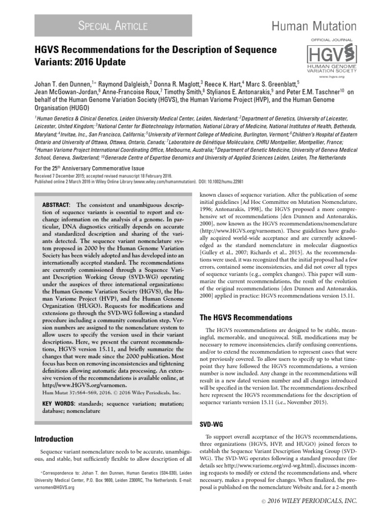 2016 HGVS Recommendations For The Description of SequenceVariants (2016 ...