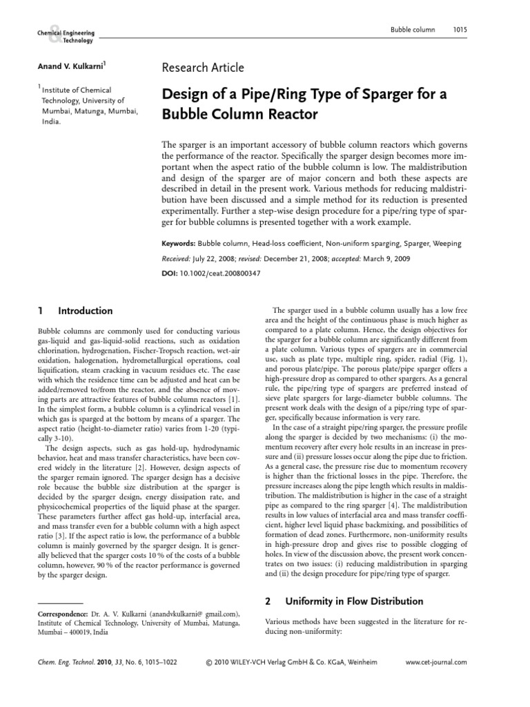 Design of A PipeRing Type of Sparger For A Bubble Column Reactor PDF ...