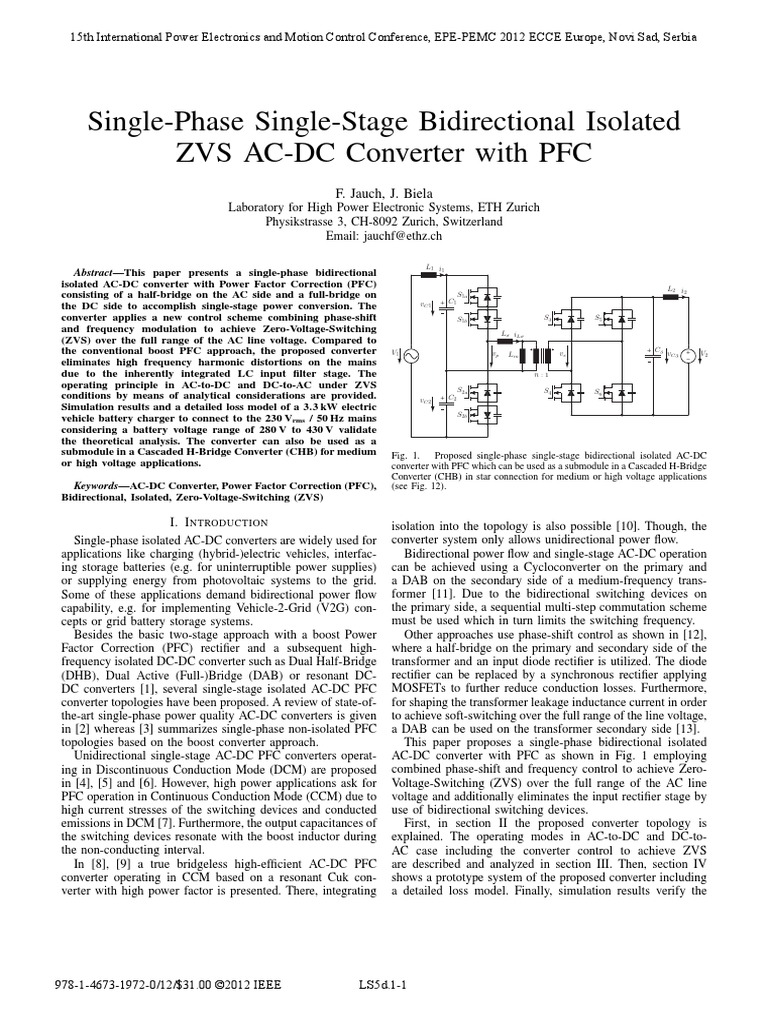 Single Phase Single Stage Bidirectional Isolated Zvs Acdc With PFC ...