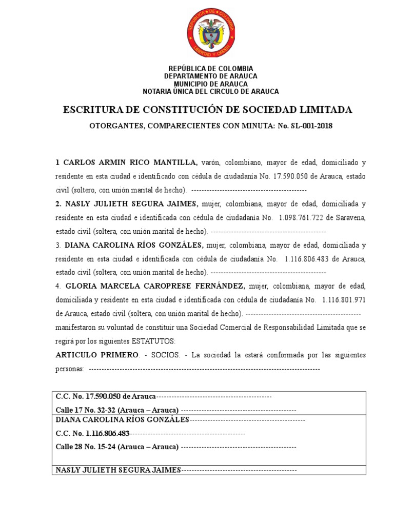 Escritura de Constitución de Sociedad de Responsabilidad Limitada | PDF | Sociedad de ...
