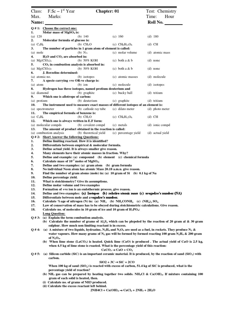 Paper Chemistry 1st Year (1st) | PDF | Stoichiometry | Mole (Unit)