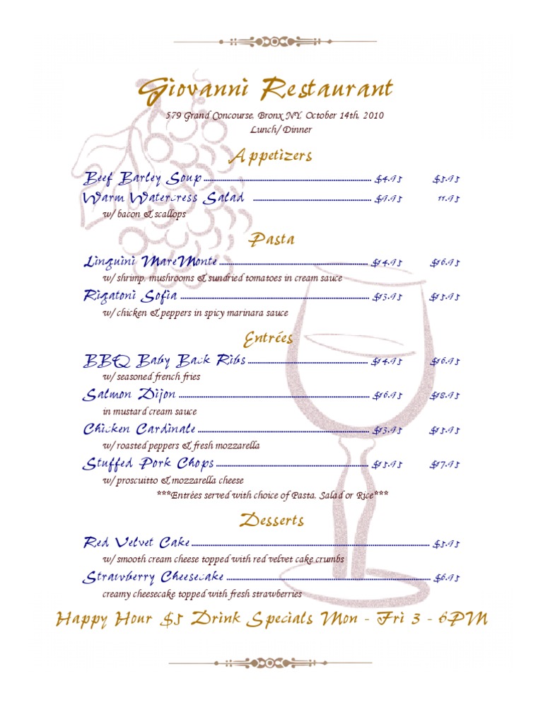 Giovanni Restaurant Menu Highlights | PDF