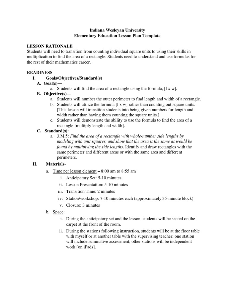 Indiana Wesleyan University Elementary Education Lesson Plan Template ...