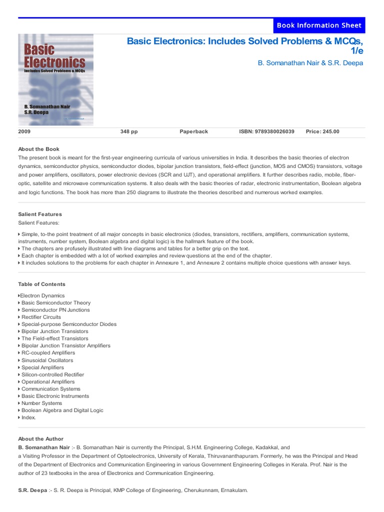 Basic Electronics: Includes Solved Problems & MCQS, 1/E: Book Information Sheet Book Information ...