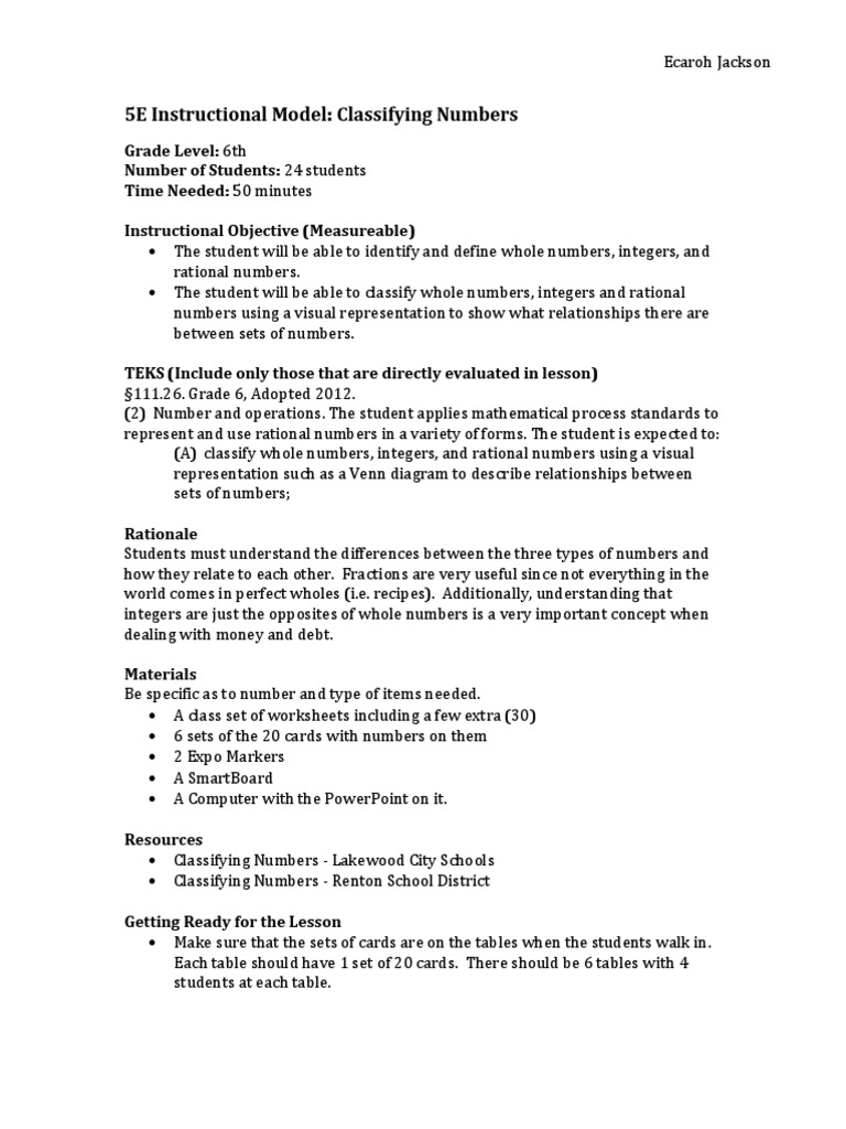 Math Lesson Plan - 5e Instructional Model | PDF | Integer | Numbers