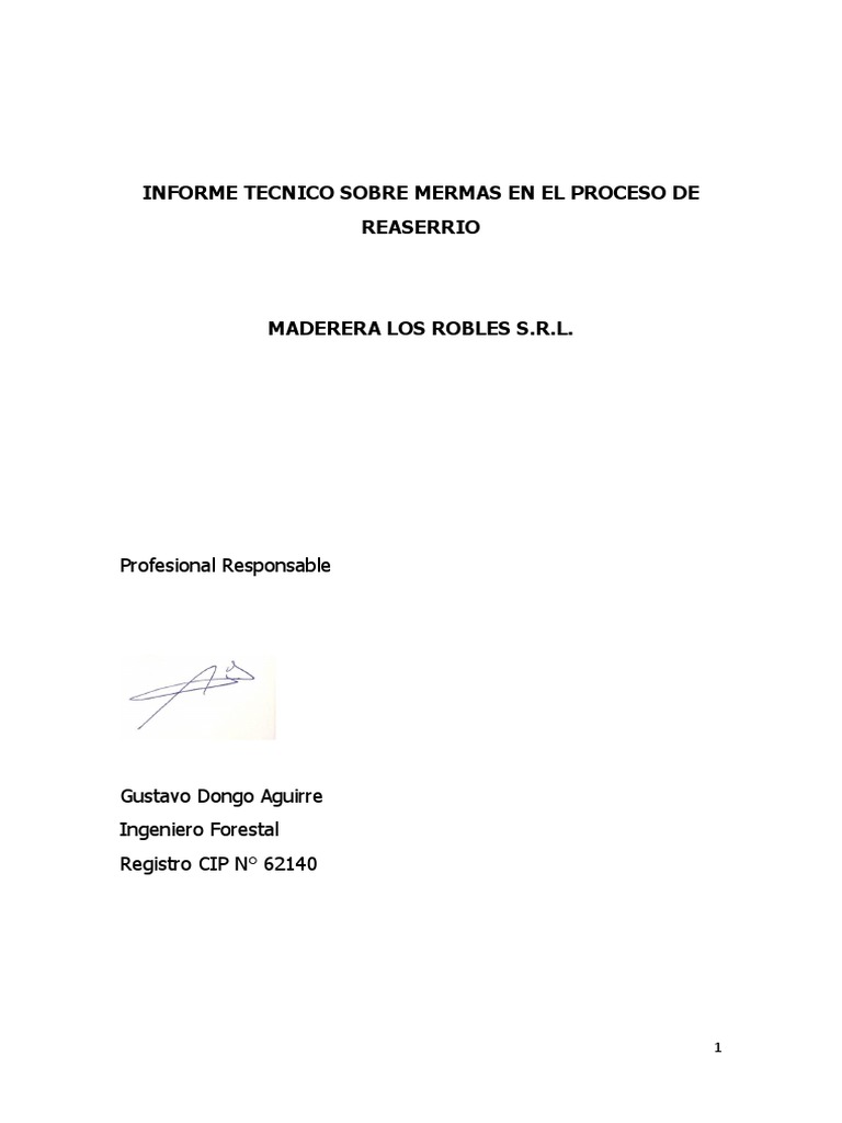Informe Tecnico Merma en Reaserrio Maderera Los Robles SRL Marzo 2016 ...