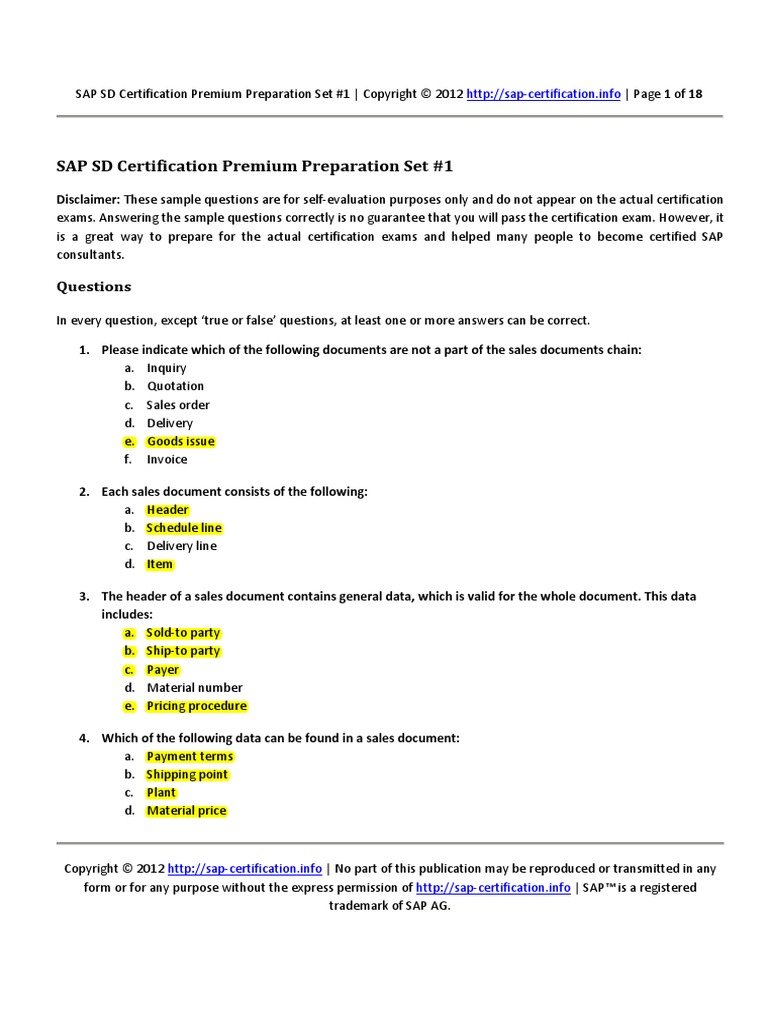 SAP SD SET 4 With Answers Marked | PDF | Sales | Copyright