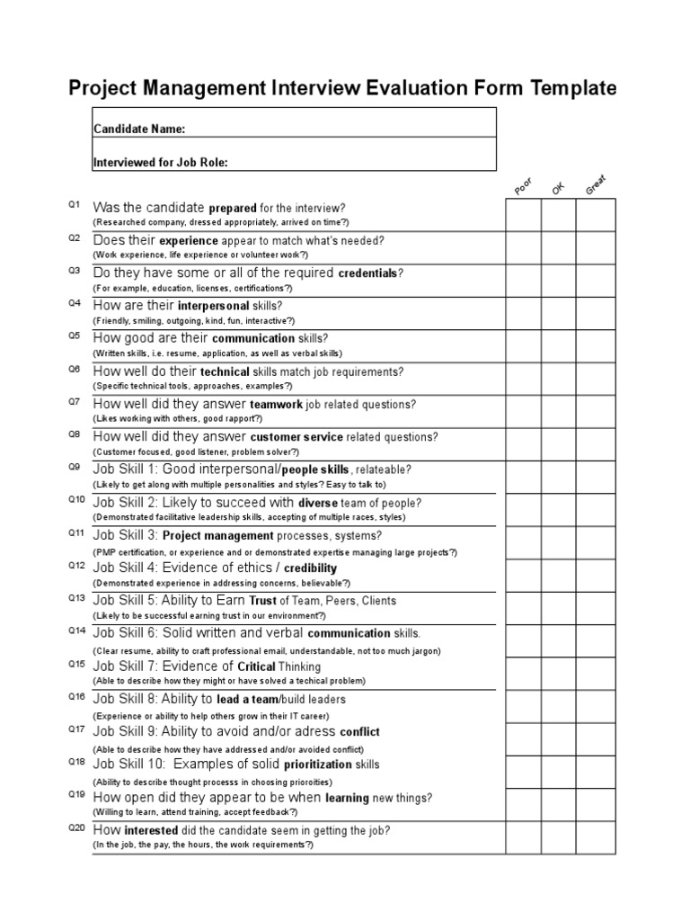2c.project Management Interview Evaluation Form Template | Download ...