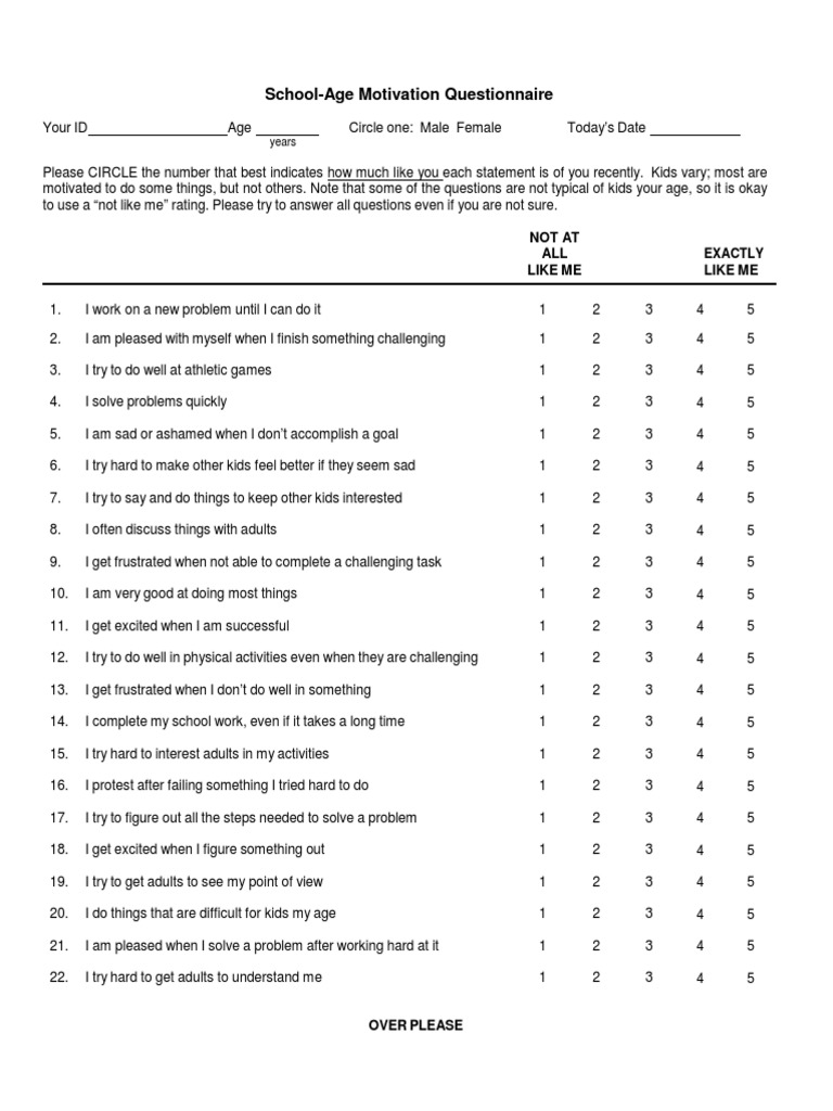 School-Age Motivation Questionnaire: Not at ALL Like Me Exactly Like Me ...