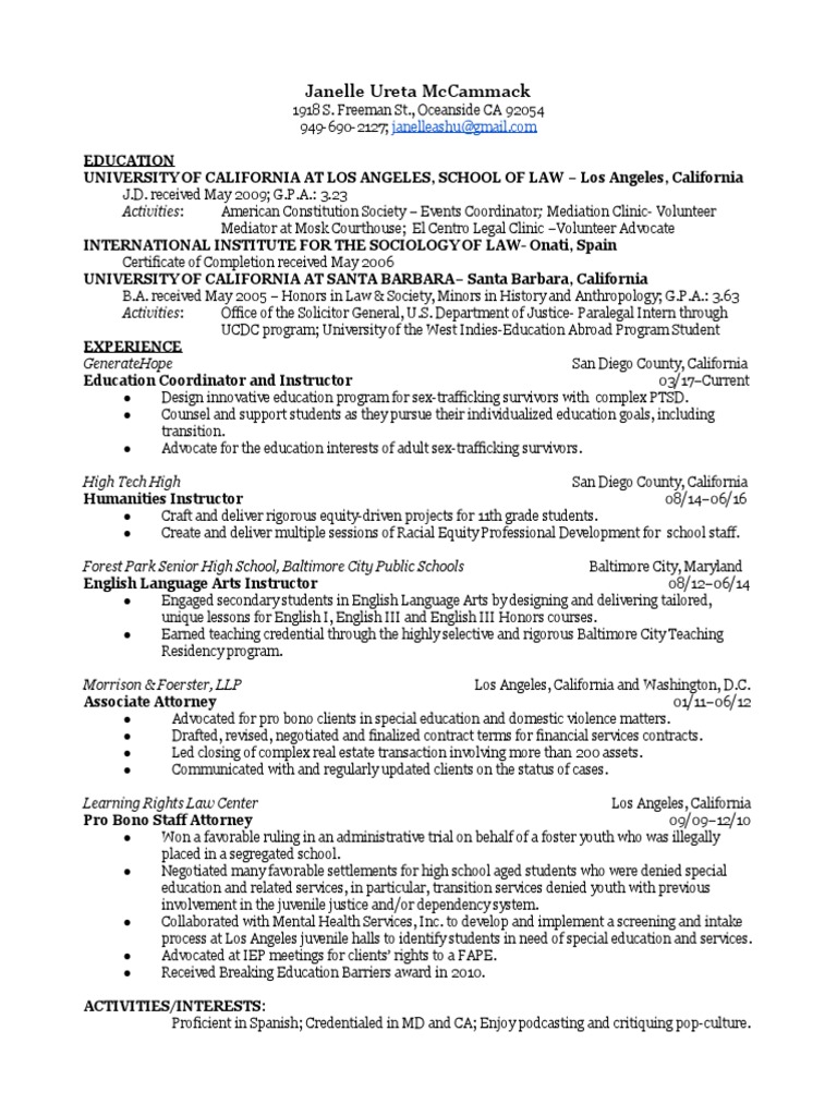 Janelle Ureta Mccammack Resume | PDF | Advocate | California