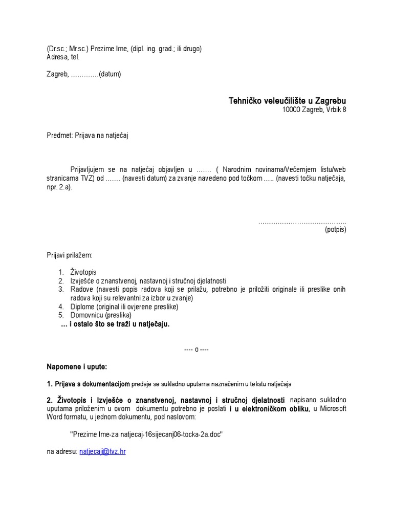 1 Predlozak Prijave Na Natjecaj I Izvjesca o Znanstveno Nastavnoj ...
