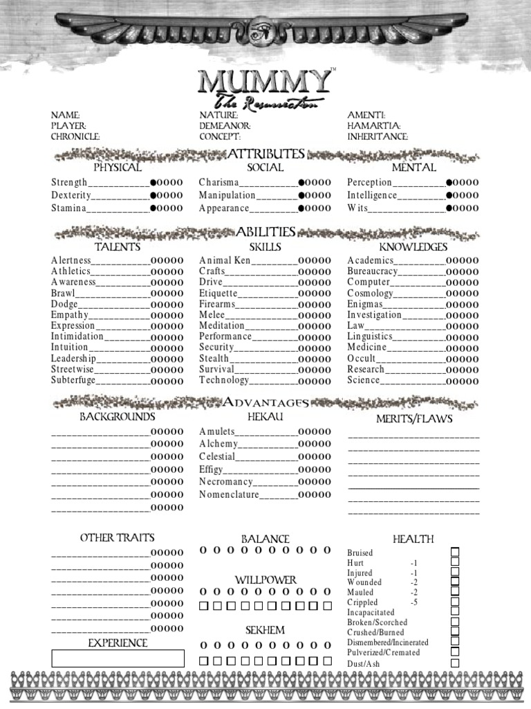 WOD - Mummy - The Resurrection - Character Sheet PDF | PDF | Leisure ...