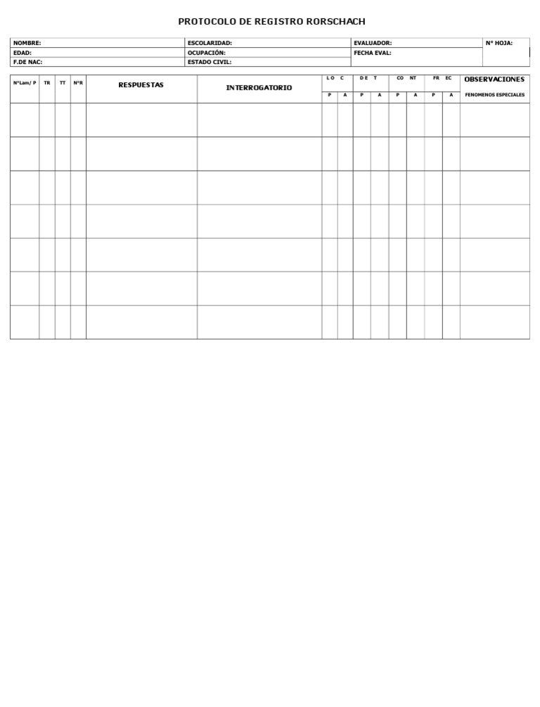 Protocolo de Registro y Localizacic3b3n Rorschach | PDF