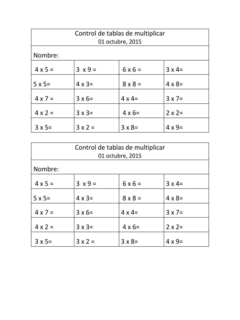 Control Tablas de Multiplicar | PDF