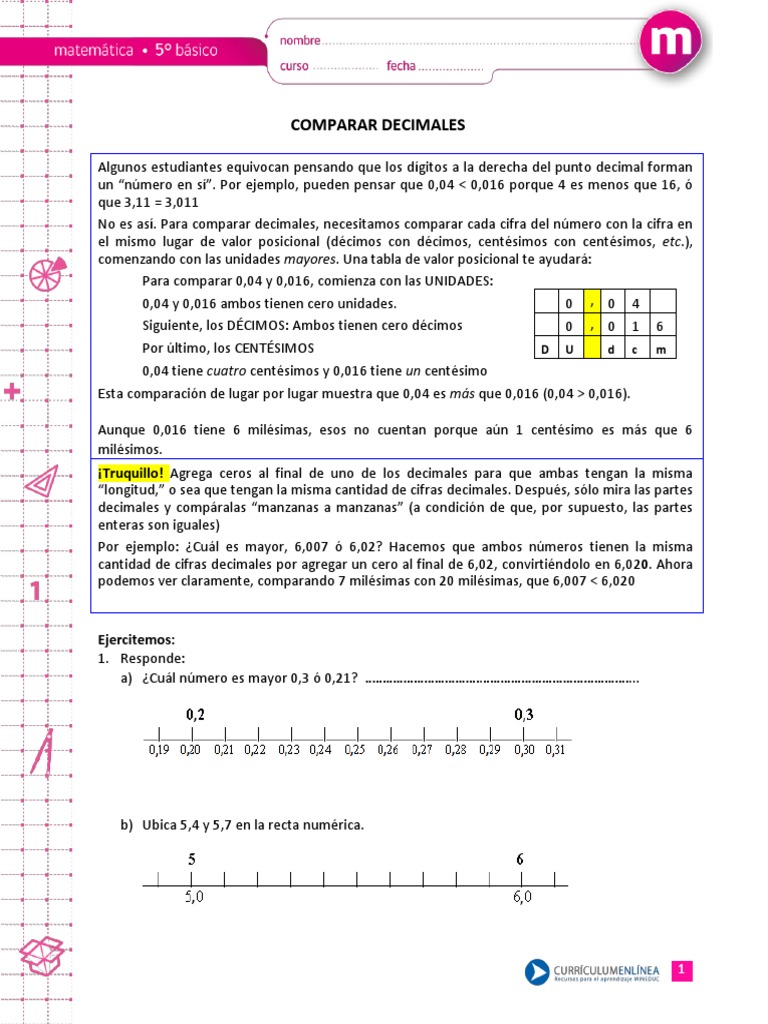 Comparacion Numeros Decimales PDF | PDF | Decimal | Vocabulario