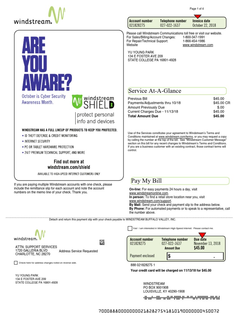 Monthly Internet and Telephone Services Invoice from Windstream ...