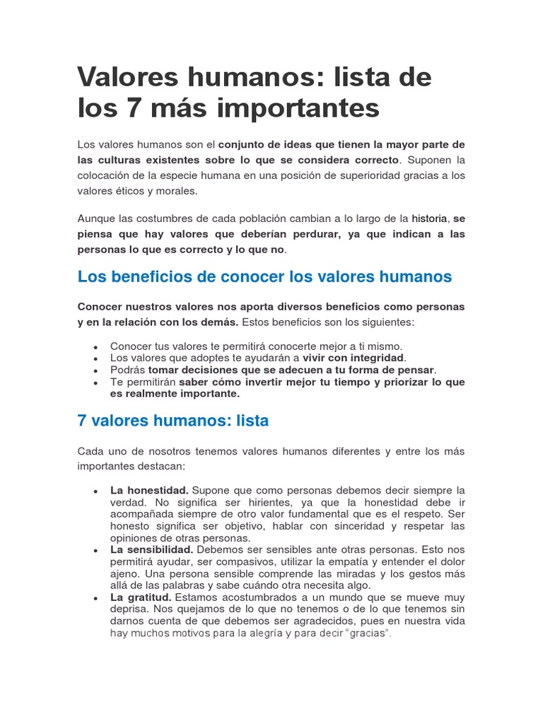 Los 7 valores humanos más importantes y sus beneficios | PDF | Ciencia ...