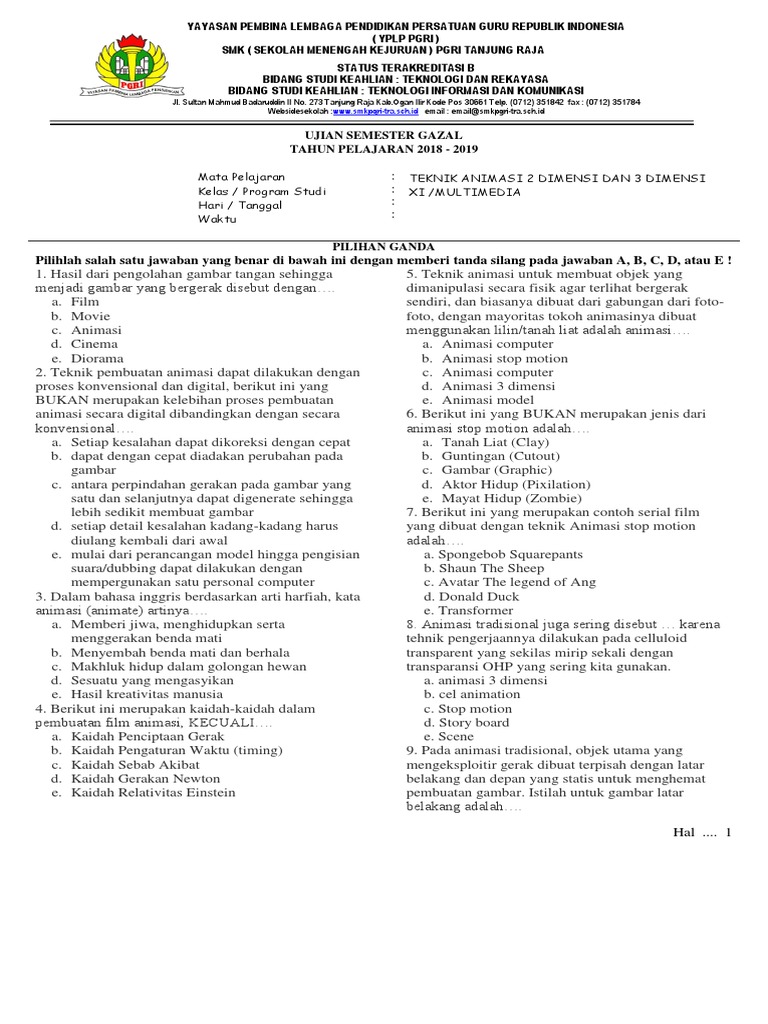 Soal UH Kelas 11 Multimedia (Teknik Animasi 2d 3d) | PDF