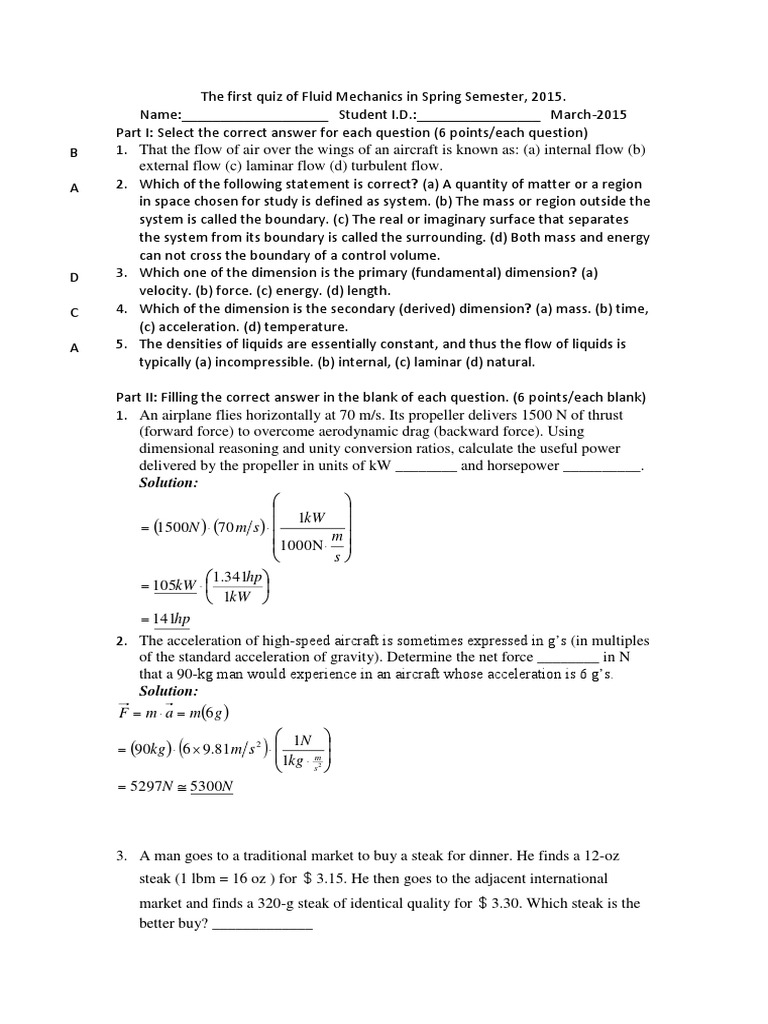 The First Quiz of Fluid Mechanics in Spring Semester | Download Free ...