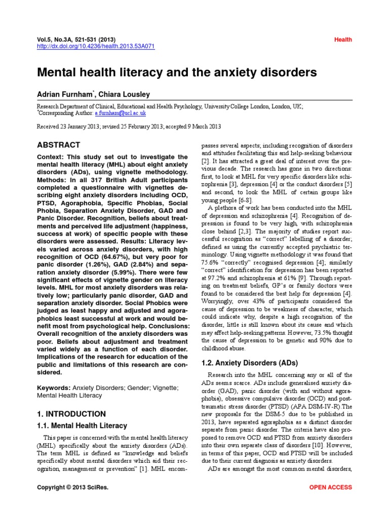 Mental Health Literacy and Anxiety Disorder PDF | PDF | Anxiety ...