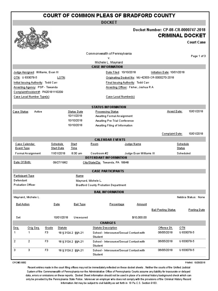 Michele Maynard Charges Court Docket | PDF | Bail | Criminal Record