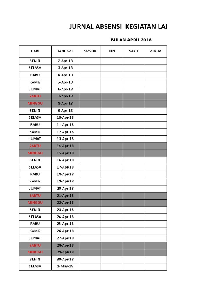 Jurnal Absensi Kegiatan Lapangan: Bulan April 2018 | PDF