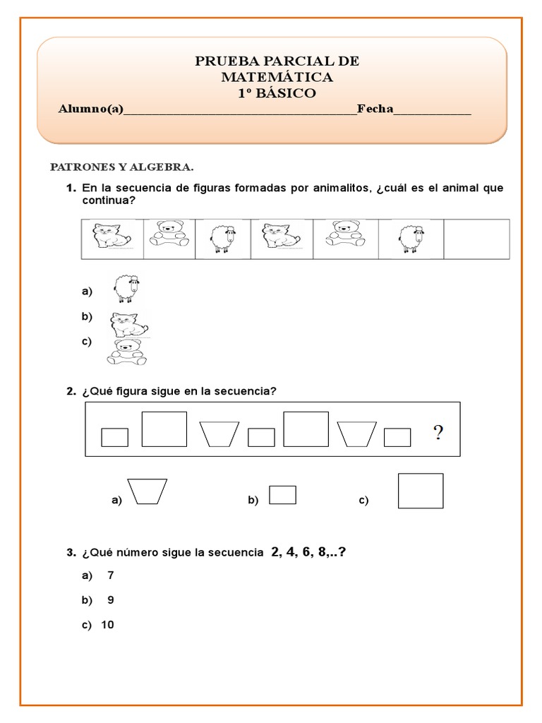 Prueba de Patrones y Álgebra 1º Básico | PDF | Secuencia | Enseñanza de ...