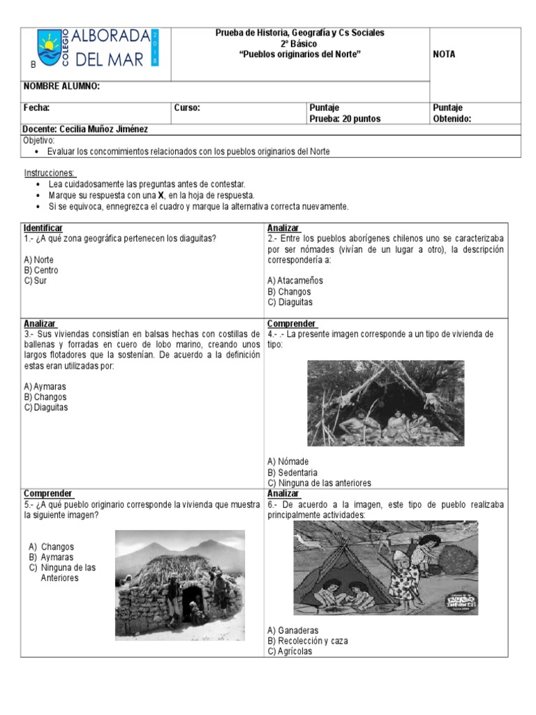 Prueba sobre Pueblos Originarios Norte 2° Básico | PDF | Nómada ...