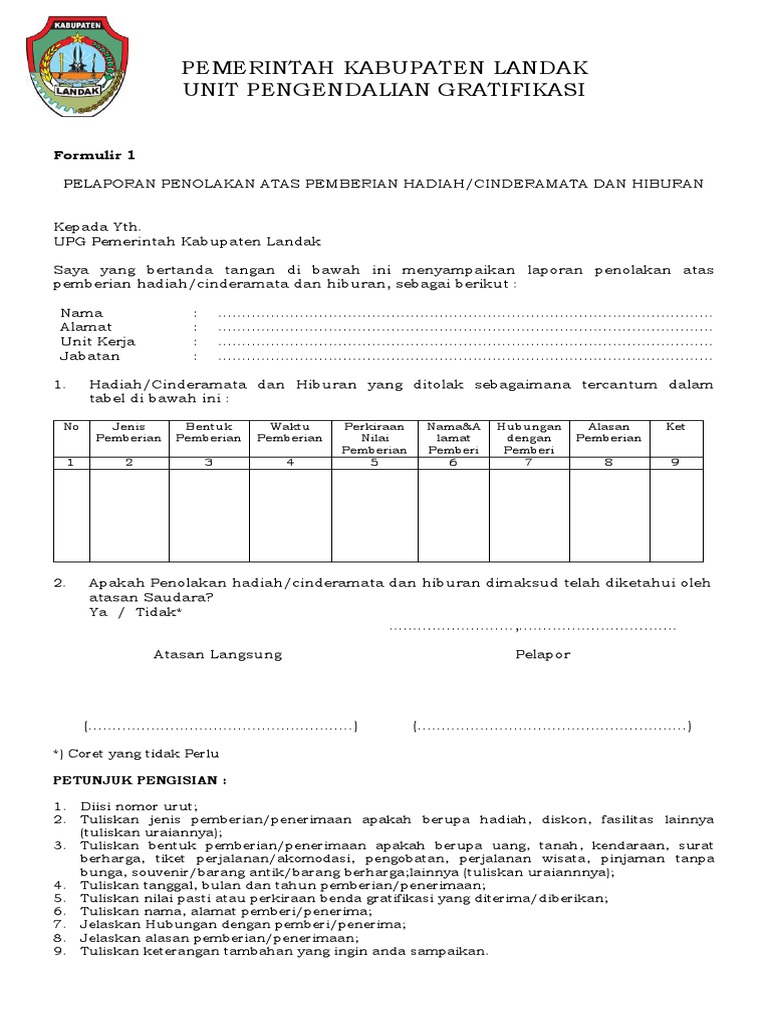 UPG Form Penolakan Gratifikasi | PDF