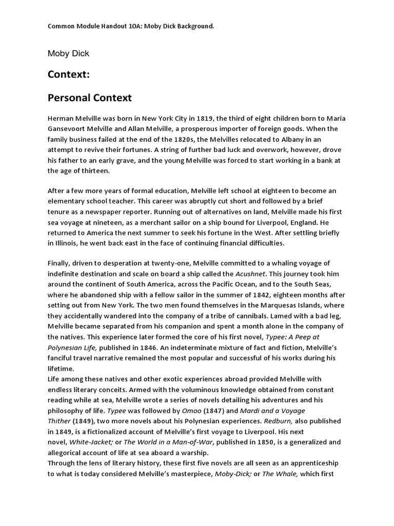 Handout 10A Moby Dick Background | PDF | Moby Dick | Herman Melville