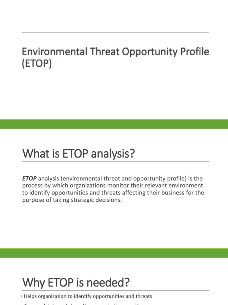 Environmental Threat Opportunity Profile - ETOP | PDF | Swot Analysis | Business