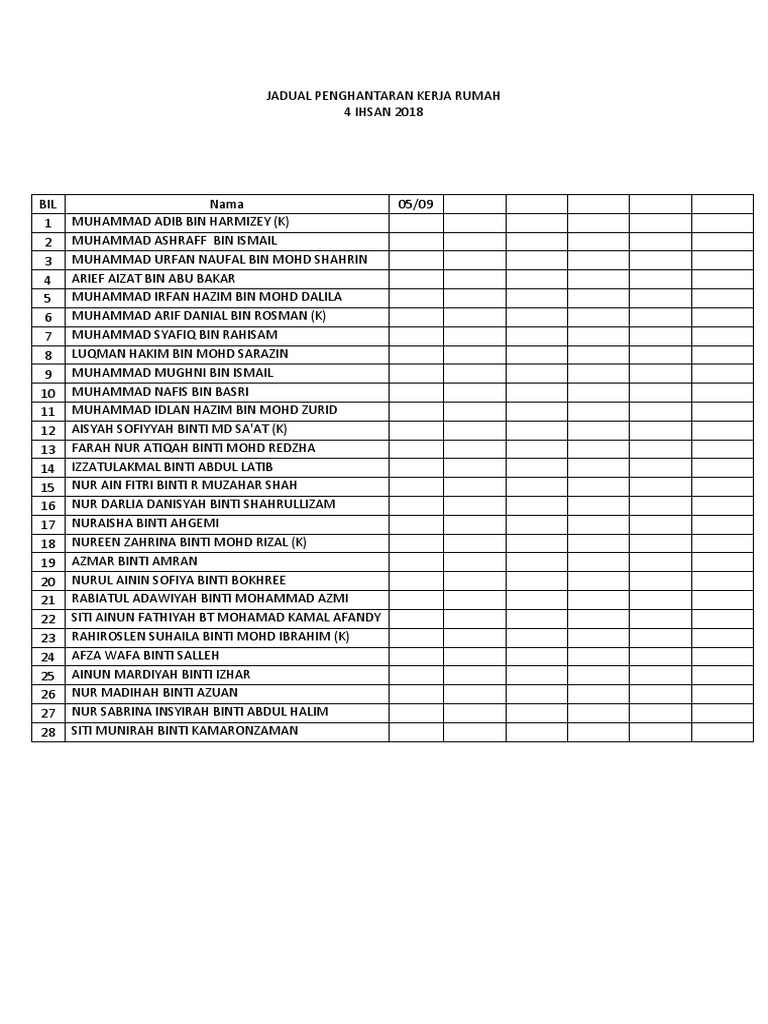 Jadual Penghantaran Kerja Rumah | PDF