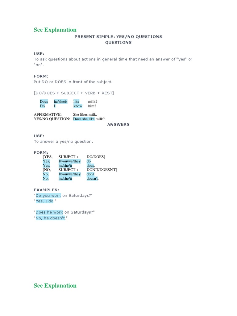 See Explanation: Present Simple: Yes/No Questions Questions Use | PDF ...