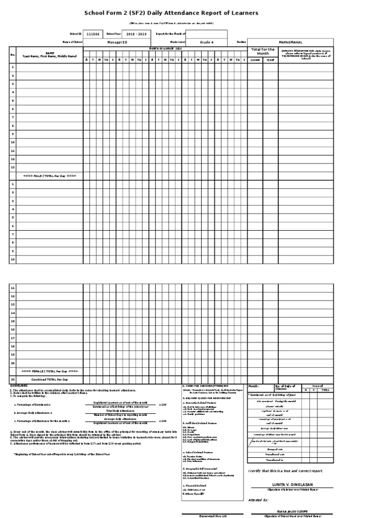 School Form 2 (SF2) Daily Attendance Report of Learners: 111566 2018 ...