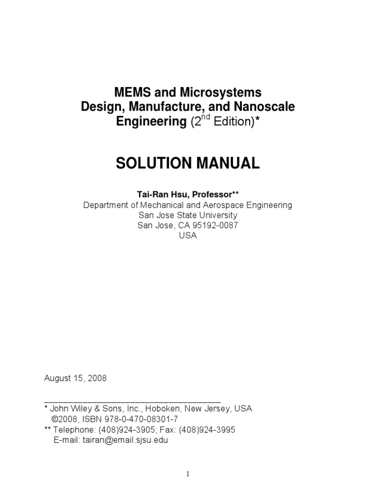 Solution Manual: MEMS and Microsystems Design, Manufacture, and Nanoscale Engineering | PDF ...