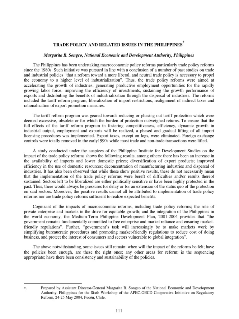 Philippine Trade Policy Reforms Overview | PDF | Tariff | Protectionism
