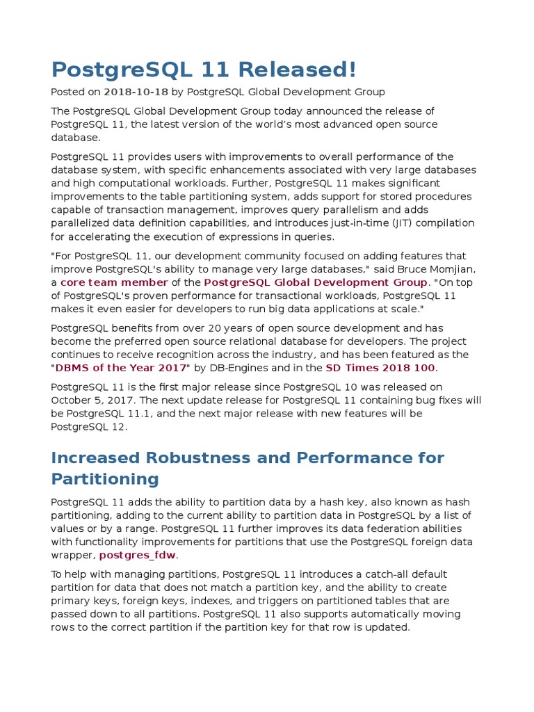 PostgreSQL 11 Release Highlights | PDF | Postgre Sql | Database Index