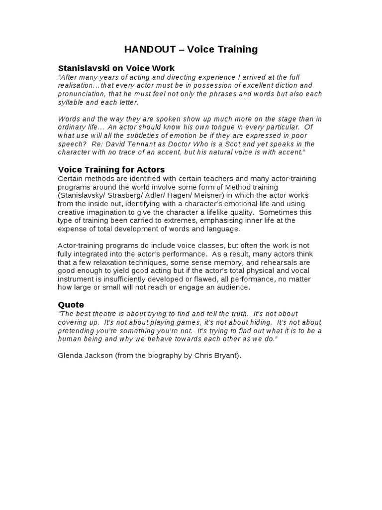 HANDOUT - Voice Training: Stanislavski On Voice Work | PDF