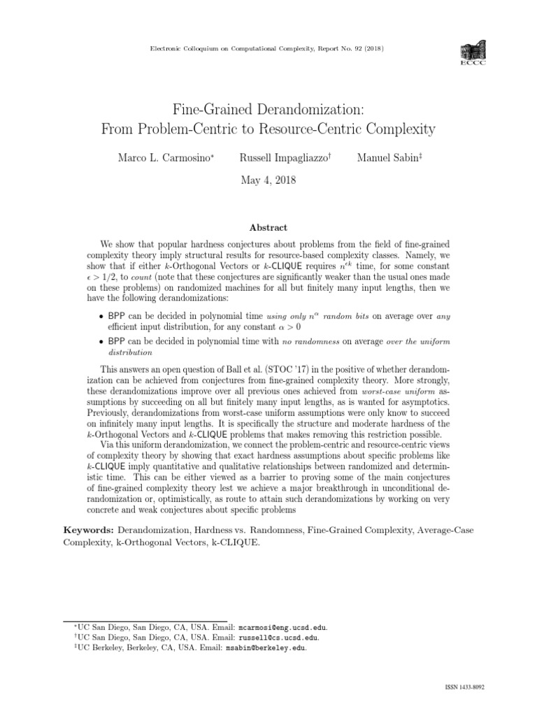 Fine-Grained Derandomization: From Problem-Centric To Resource-Centric Complexity | PDF | Time ...