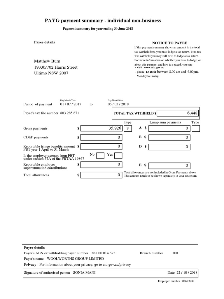 PAYG Payment Summary - Individual Non-Business: Matthew Burn 1933b/702 ...