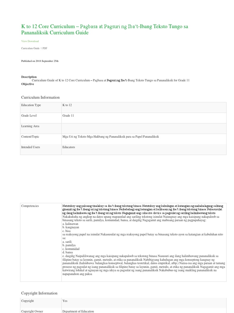 K To 12 Core Curriculum Pagbasa at Pagsulat NG Ibat Ibang Teksto Tungo Sa Pananlaiksik | PDF