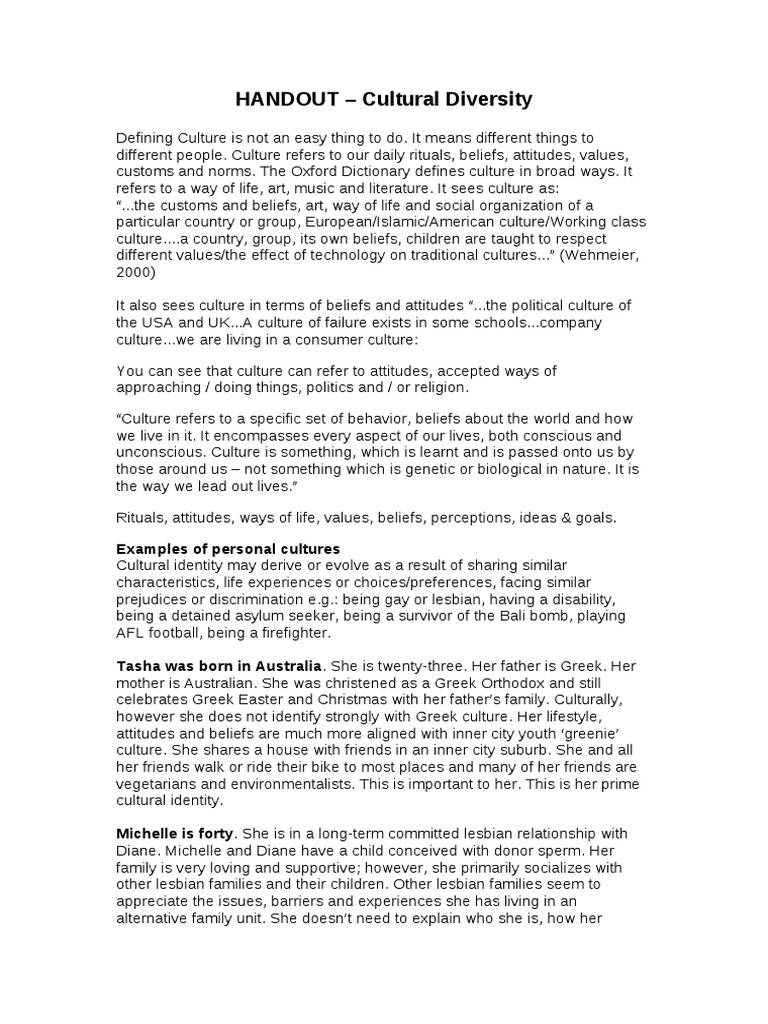 HANDOUT - Cultural Diversity: Examples of Personal Cultures | Download ...