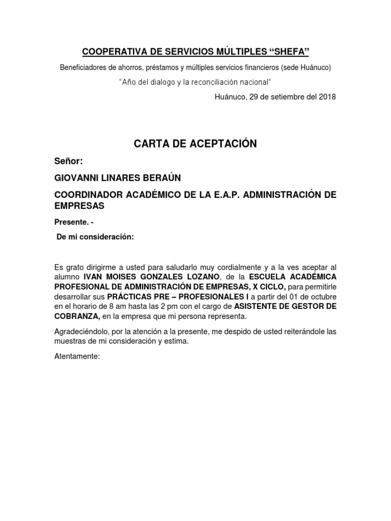 Carta de Aceptacion | PDF