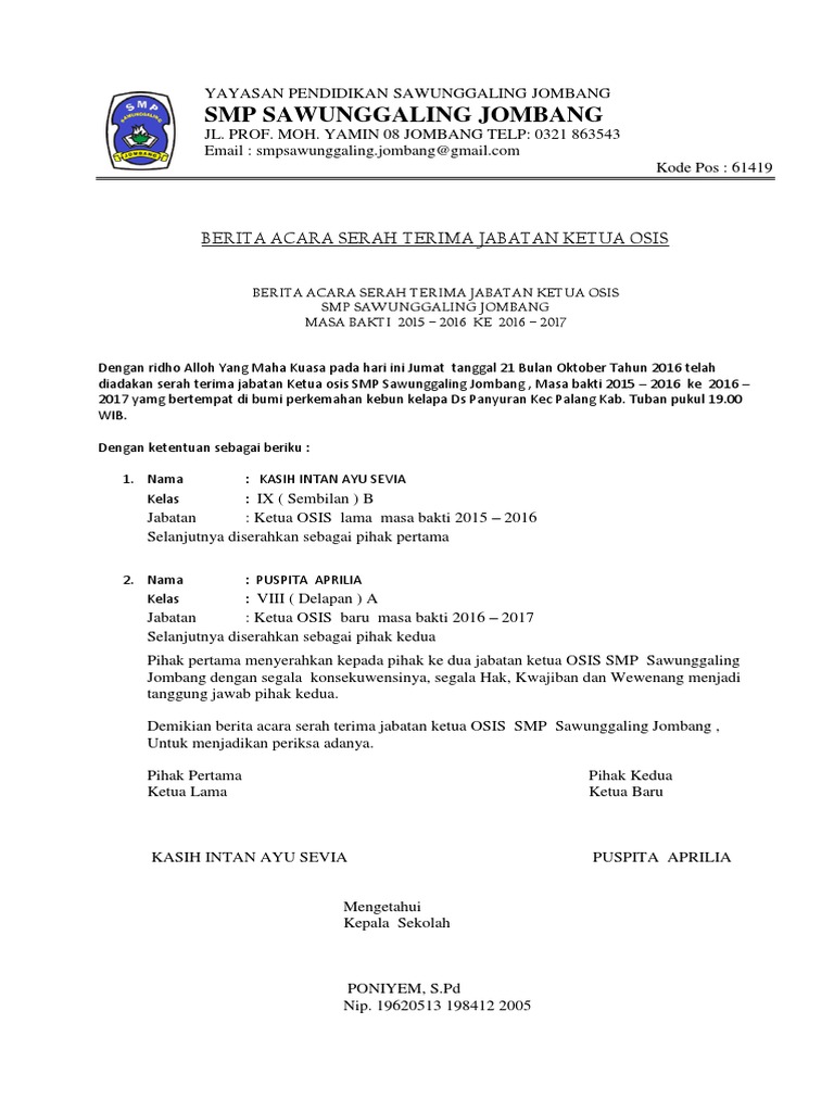 Berita Acara Serah Terima Jabatan OSIS | PDF