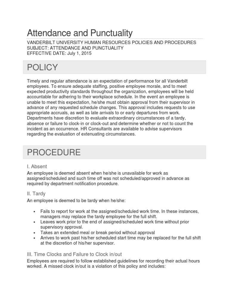Attendance and Punctuality: Policy | PDF | Supervisor | Human Resources