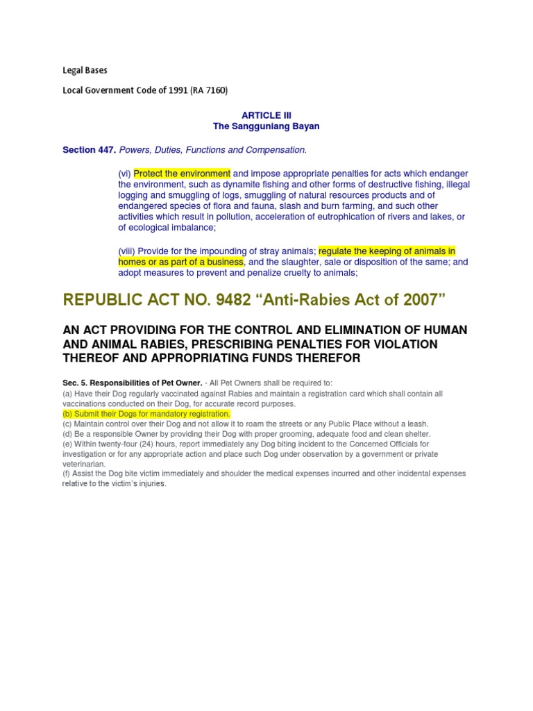 REPUBLIC ACT NO. 9482 "Anti-Rabies Act of 2007" | PDF