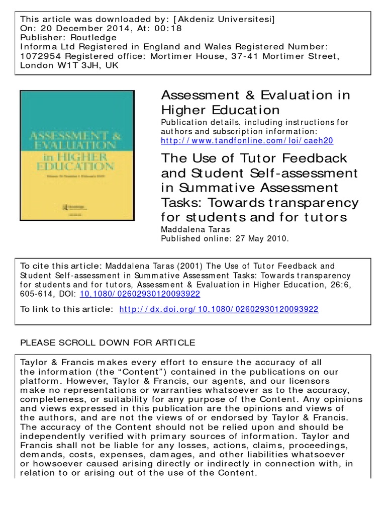 The Use of Tutor Feedback and Student Self-Assessment in Summative ...