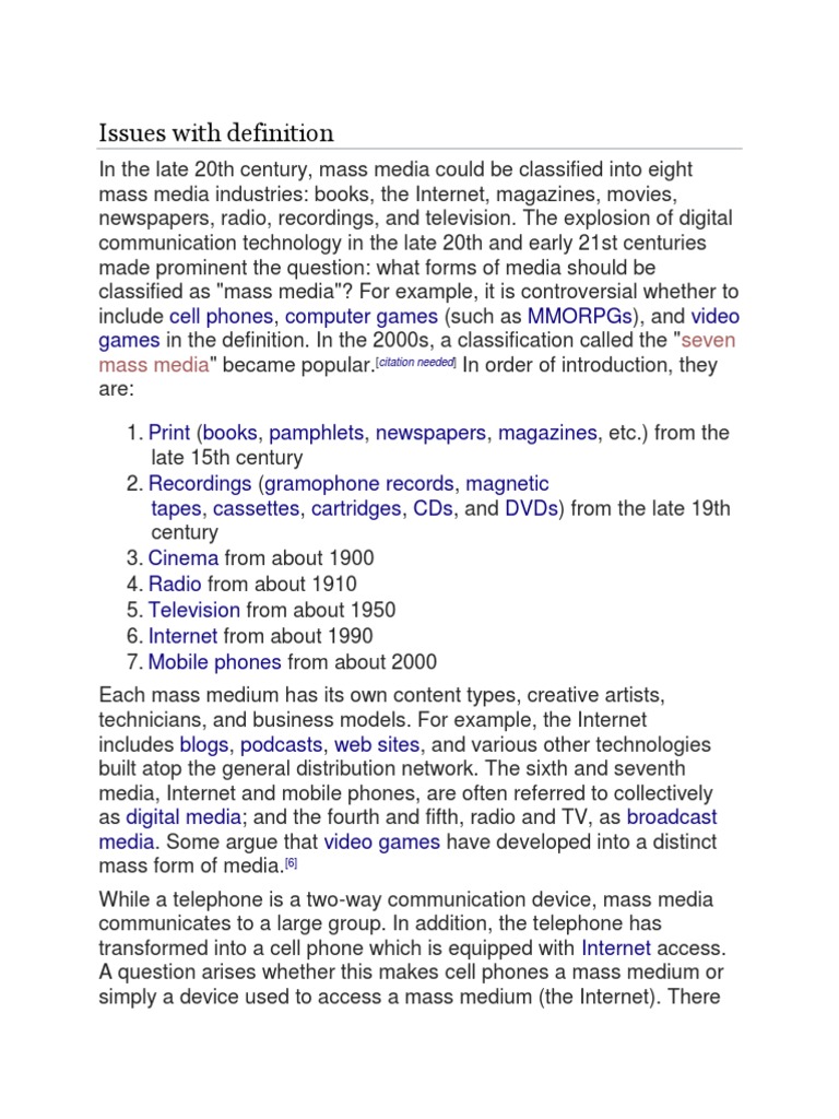 Issues With Definition: Seven Mass Media | PDF | Mass Media | Entertainment