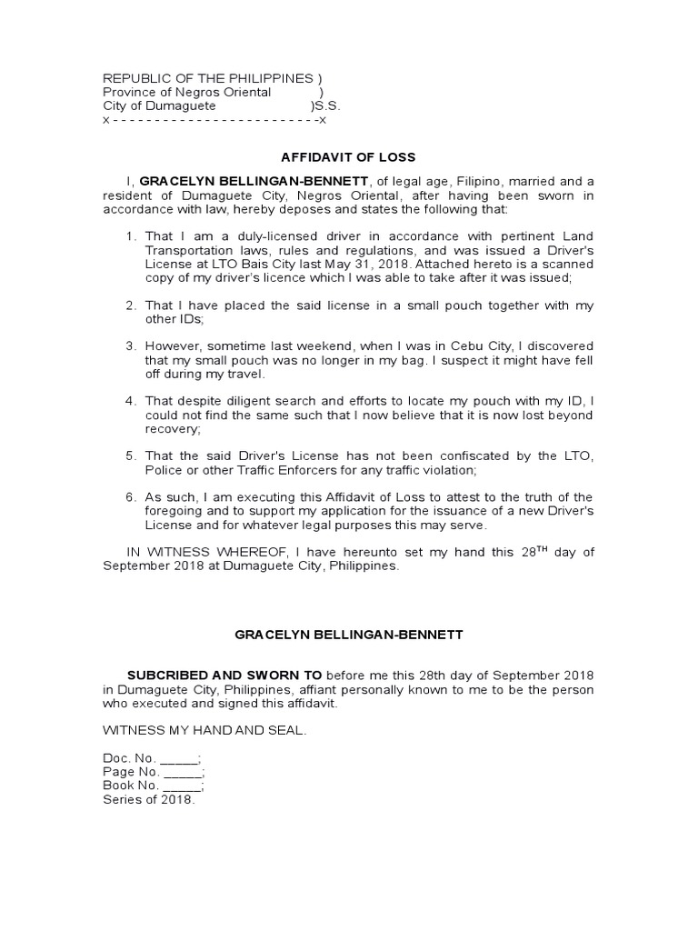 Affidavit of Loss - Driver's License | PDF