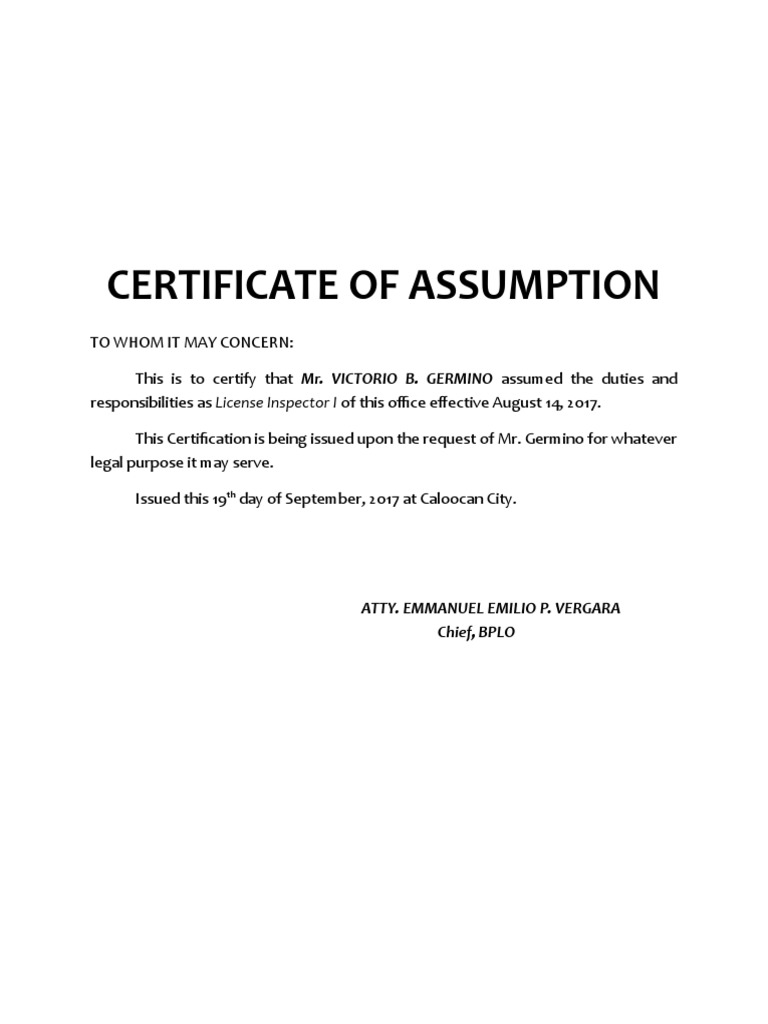 Certificate of Assumption